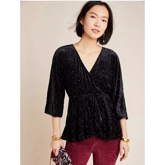 Anthropologie | Tops | Anthropologie Aleksa Velvet Floral Faix Wrap Top ...